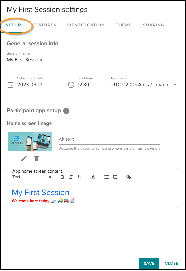 Create my first session – Vevox helpsite