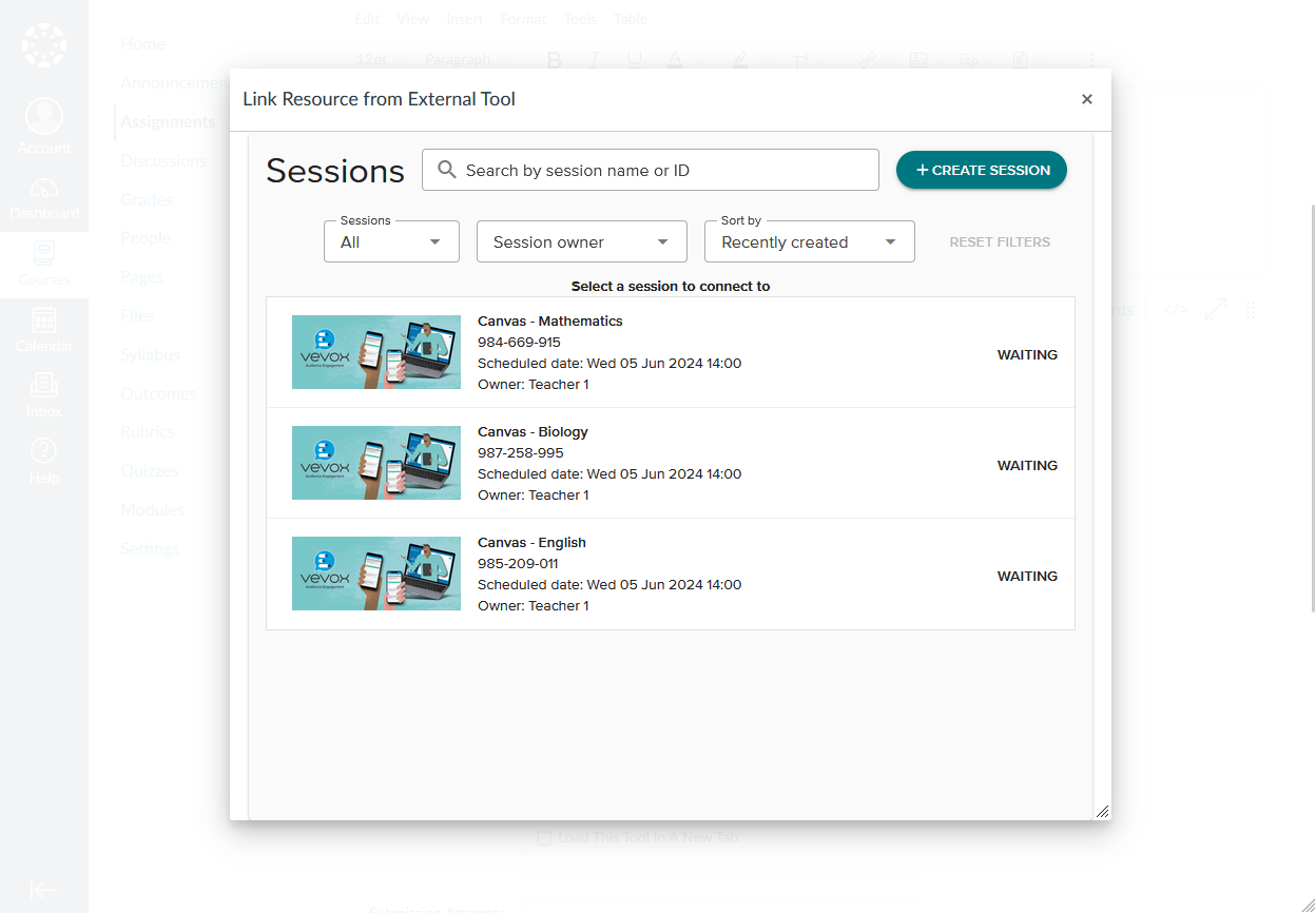 Canvas LTI 1.3 - Configuring Vevox sessions – Vevox helpsite