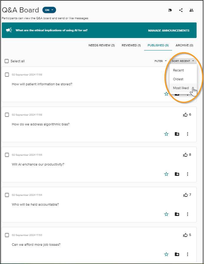 Sorting Q&A messages – Vevox helpsite