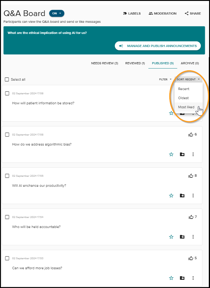 Sorting Q&A messages – Vevox helpsite