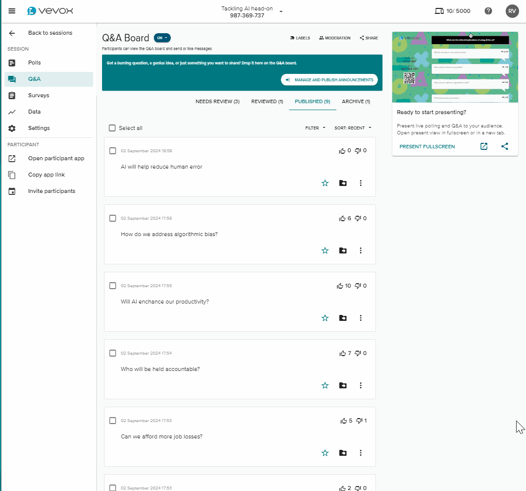 Sorting Q&A messages – Vevox helpsite