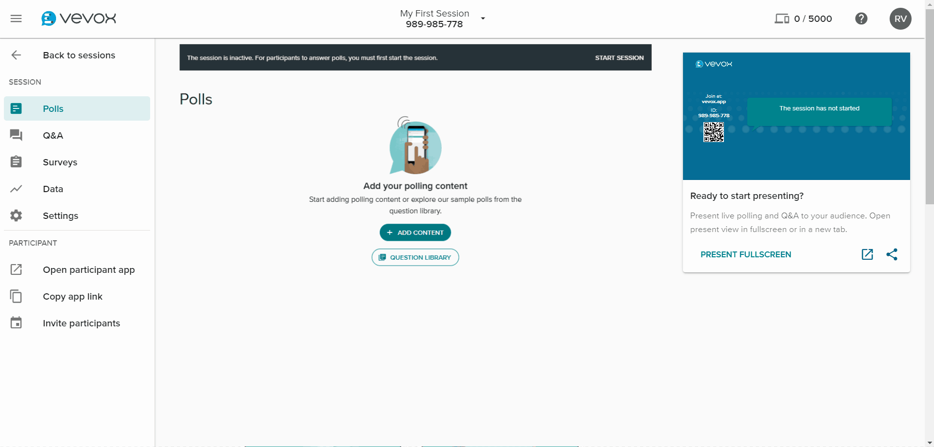 Create my first session – Vevox helpsite