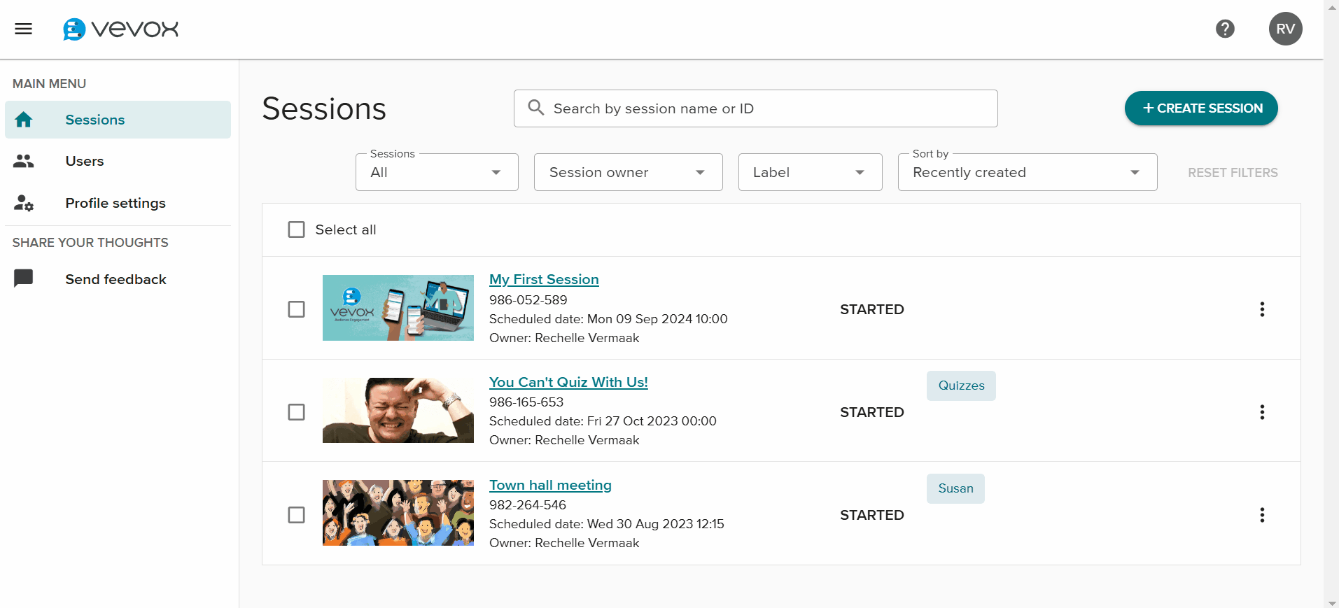 Create my first session – Vevox helpsite