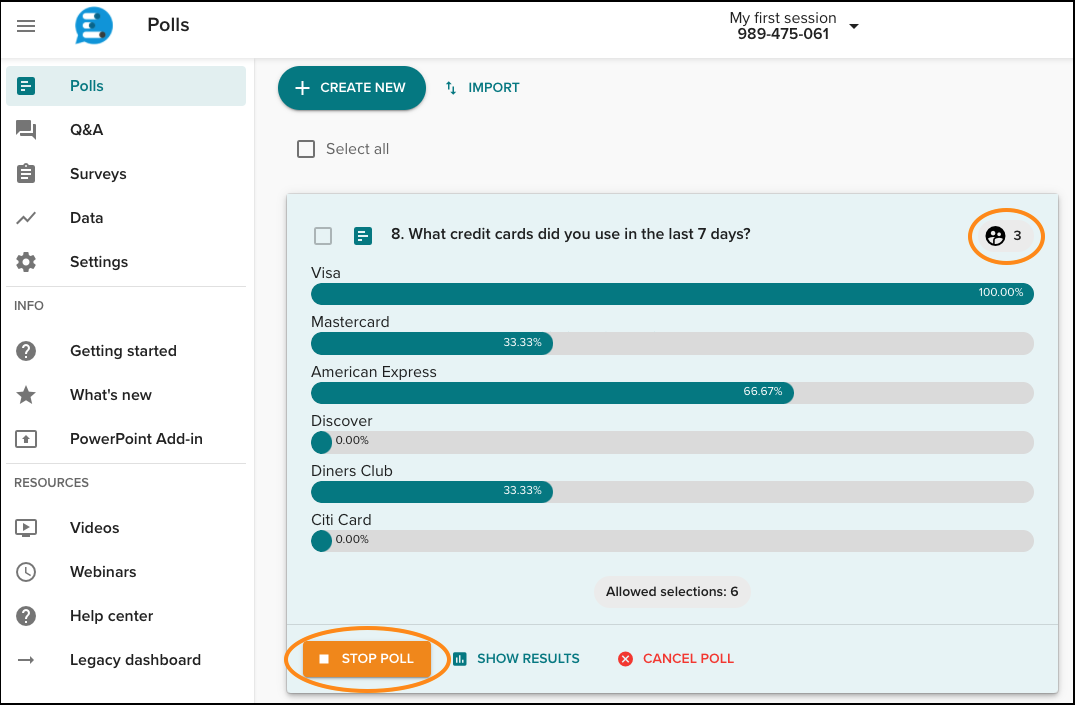 Run a poll from the dashboard – Vevox