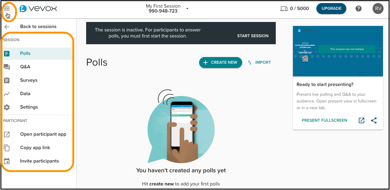 Create my first session – Vevox helpsite